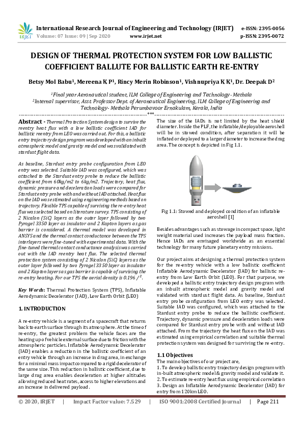 (PDF) IRJET-DESIGN OF THERMAL PROTECTION SYSTEM FOR LOW BALLISTIC ...