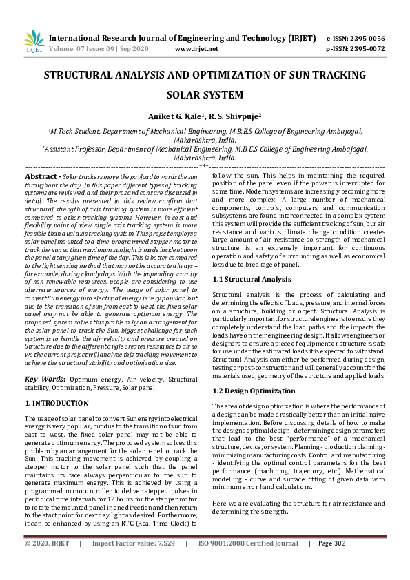 (PDF) IRJET- STRUCTURAL ANALYSIS AND OPTIMIZATION OF SUN TRACKING SOLAR ...
