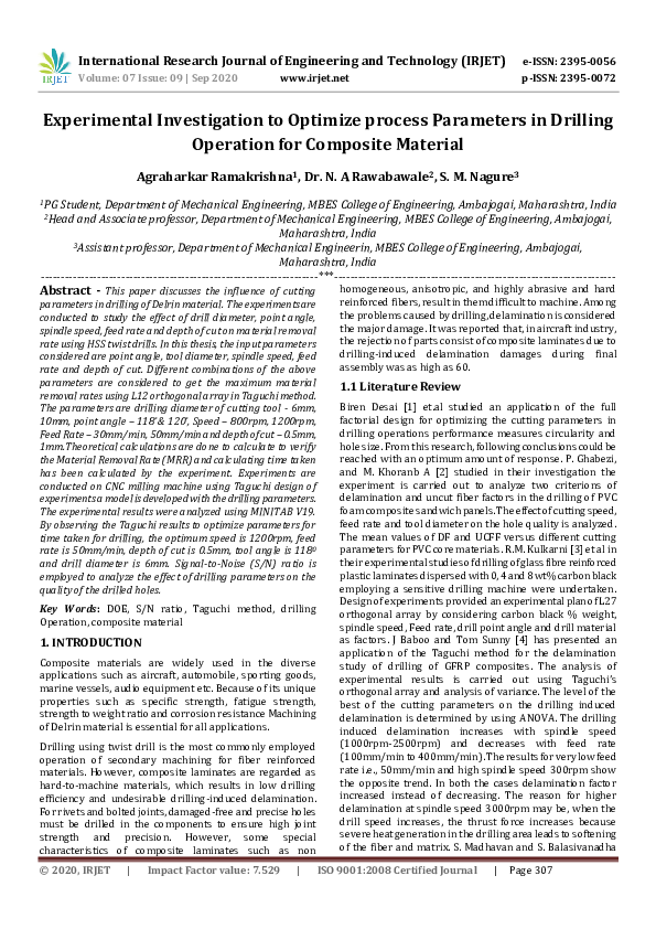 (PDF) IRJET- Experimental Investigation to Optimize process Parameters in Drilling Operation for ...