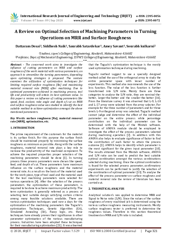 Pdf A Review On Optimal Selection Of Machining Parameters In Turning Operations On Mrr And