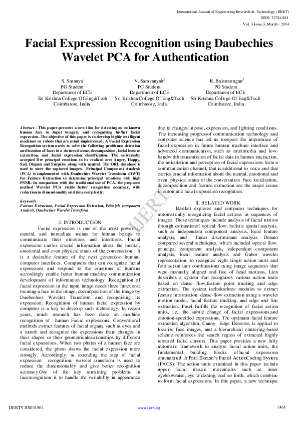 Pdf Facial Expression Recognition Via Wavelet Pca