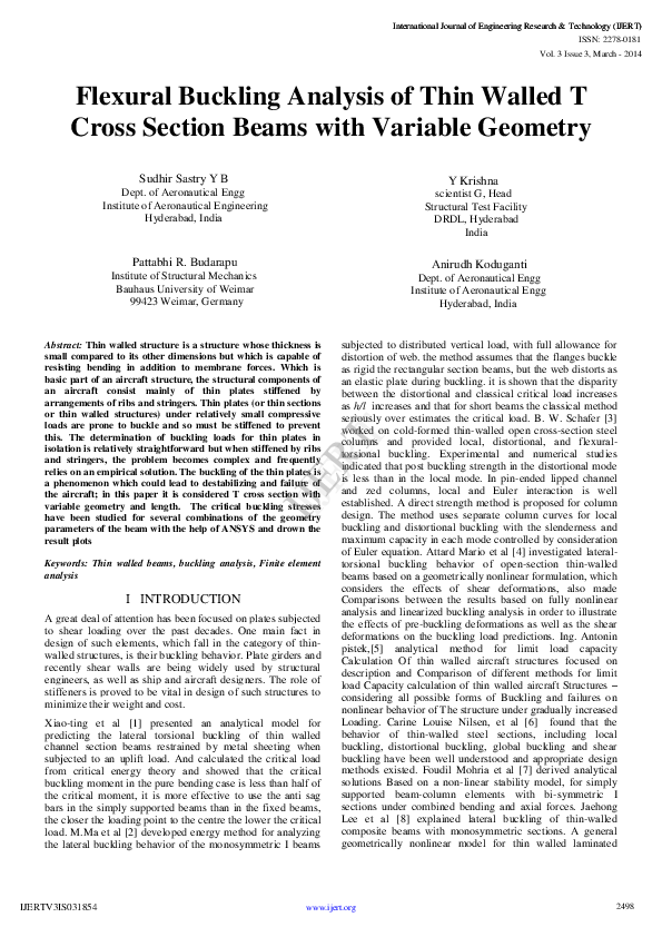 (PDF) IJERT-Flexural Buckling Analysis of Thin Walled T Cross Section Beams with Variable Geometry