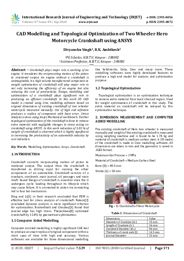 Pdf Irjet Cad Modelling And Topological Optimization Of Two Wheeler