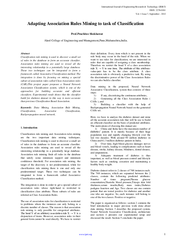 Pdf Ijert Adapting Association Rules Mining To Task Of Classification