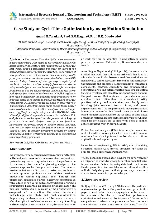(PDF) IRJET- Case Study on Cycle Time Optimization by using Motion ...