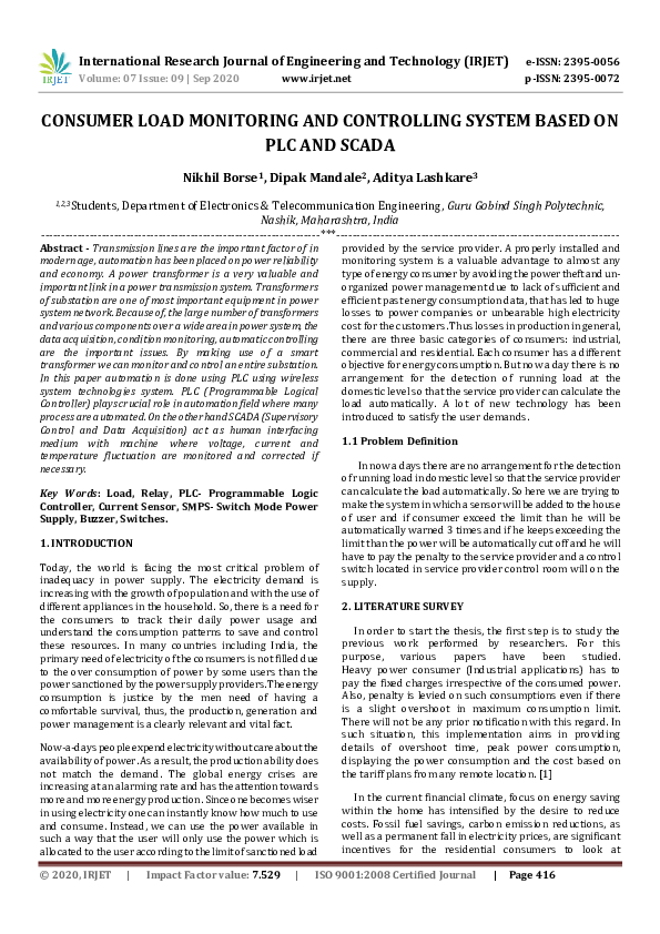 Pdf Irjet Consumer Load Monitoring And Controlling System Based On