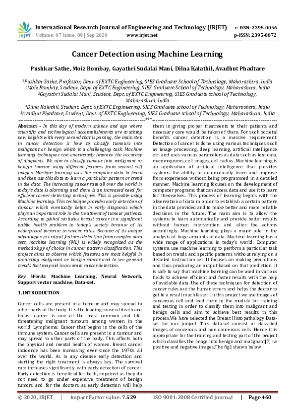 (PDF) IRJET- Cancer Detection using Machine Learning