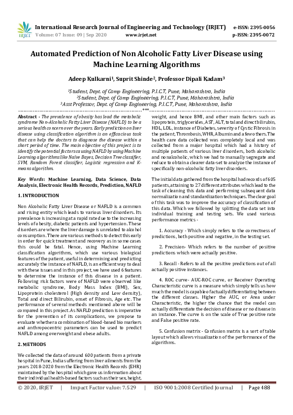 (PDF) IRJET- Automated Prediction of Non Alcoholic Fatty Liver Disease using Machine Learning ...