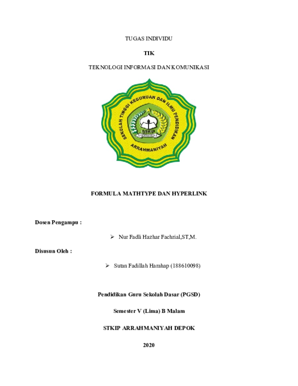 (DOC) TUGAS INDIVIDU TIK TEKNOLOGI INFORMASI DAN KOMUNIKASI FORMULA MATHTYPE DAN HYPERLINK