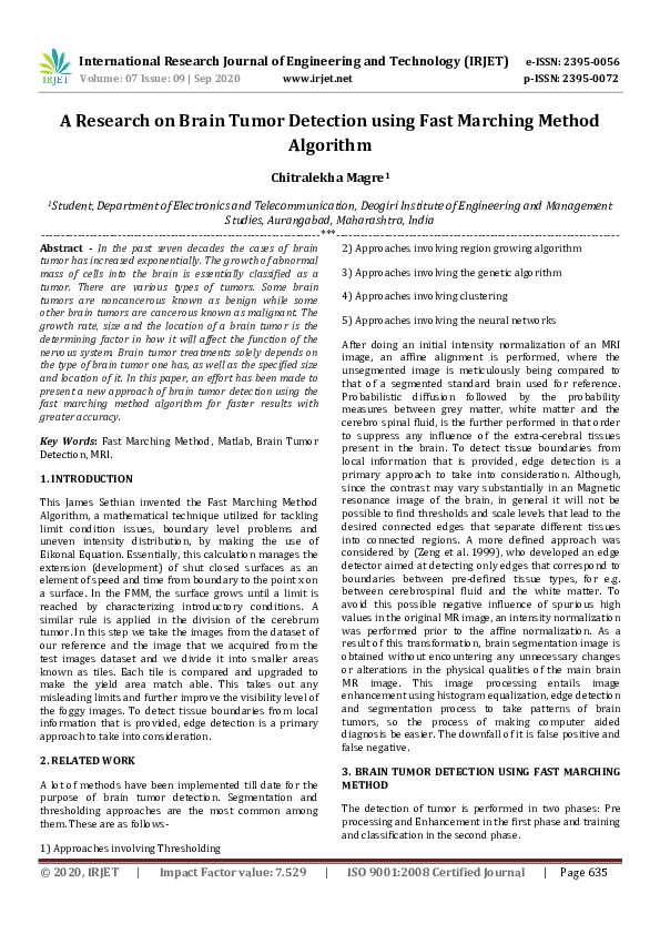 (PDF) IRJET- A Research on Brain Tumor Detection using Fast Marching Method Algorithm