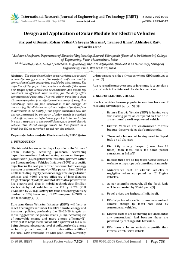 (PDF) IRJET- Design and Application of Solar Module for Electric Vehicles