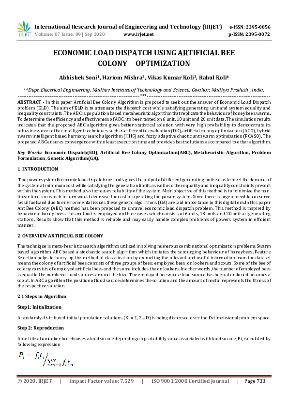 (PDF) IRJET- ECONOMIC LOAD DISPATCH USING ARTIFICIAL BEE COLONY OPTIMIZATION