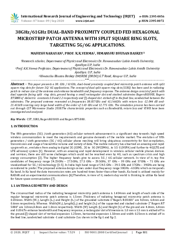 (PDF) 38GHz/61GHz DUAL-BAND PROXIMITY COUPLED FED HEXAGONAL MICROSTRIP ...