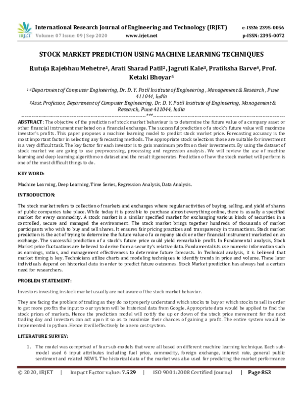 Pdf Irjet Stock Market Prediction Using Machine Learning Techniques