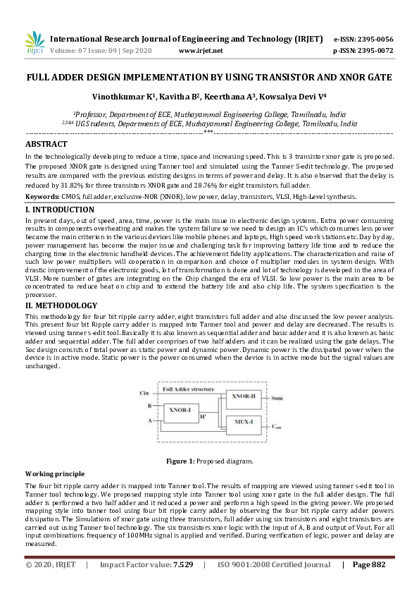(PDF) IRJET- FULL ADDER DESIGN IMPLEMENTATION BY USING TRANSISTOR AND ...