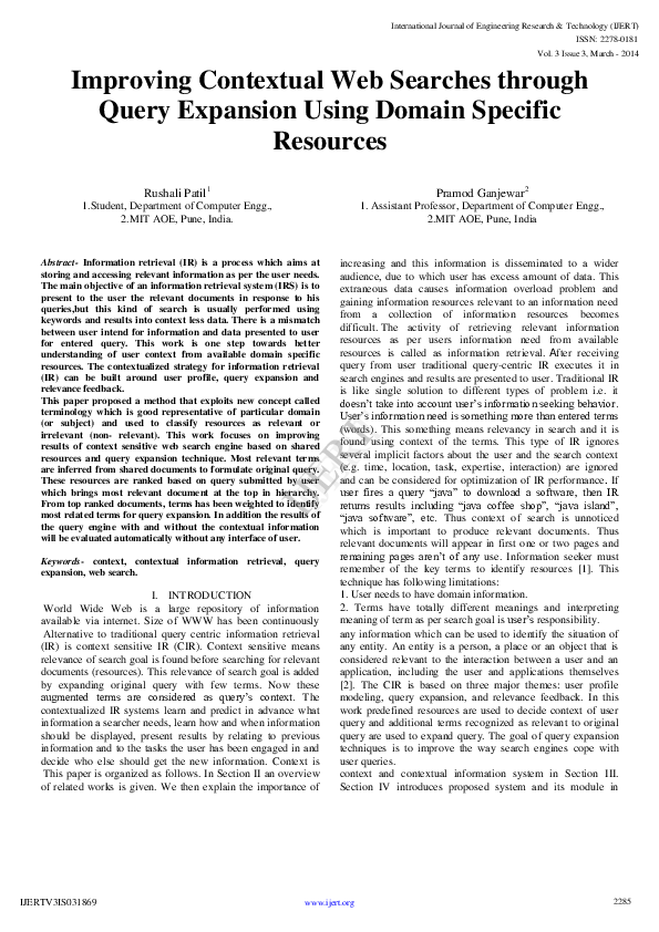 (PDF) IJERT-Improving Contextual Web Searches through Query Expansion Using Domain Specific ...