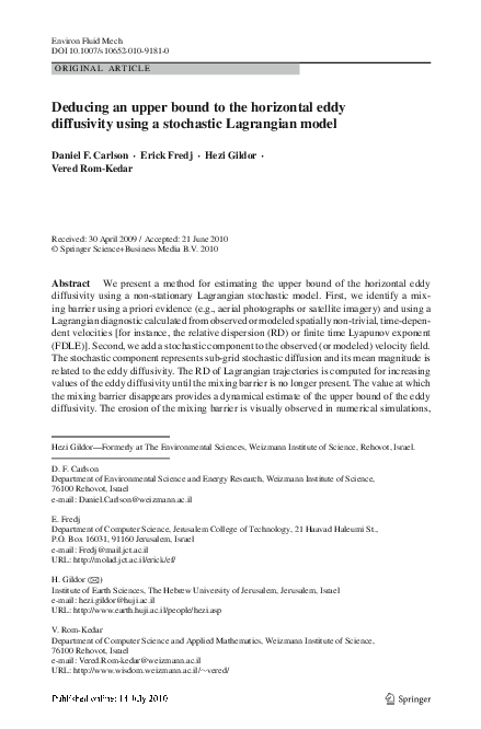 (PDF) Deducing an upper bound to the horizontal eddy diffusivity using a stochastic Lagrangian model