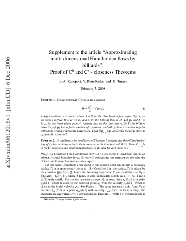 (PDF) Supplement to the article "Approximating multi-dimensional Hamiltonian flows by billiards ...
