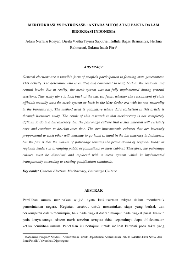 (PDF) MERITOKRASI VS PATRONASE : ANTARA MITOS ATAU FAKTA DALAM ...