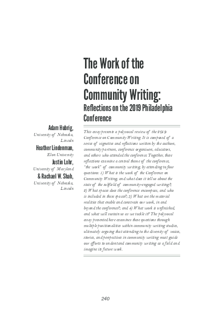 (PDF) The Work of the Conference on Community Writing: Reflections on ...
