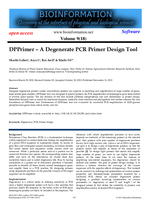 (PDF) Software DPPrimer -A Degenerate PCR Primer Design Tool