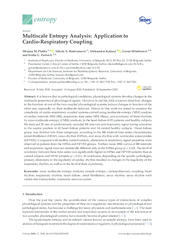 (PDF) Multiscale Entropy Analysis: Application to Cardio-Respiratory Coupling