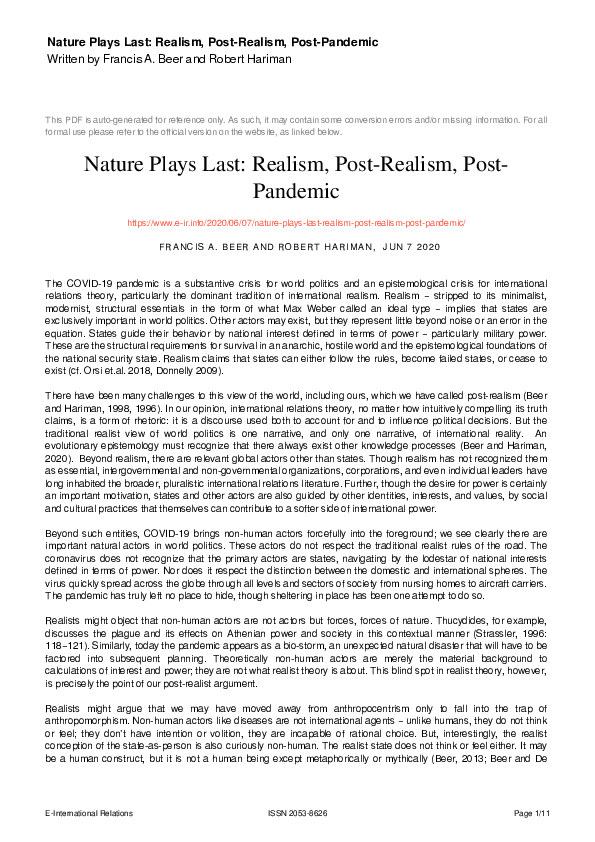 (PDF) Nature Plays Last Realism Post Realism Post Pandemic