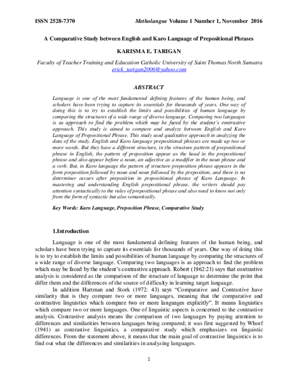 (PDF) Comparative Analysis of Prepositional Phrases in English and Karo
