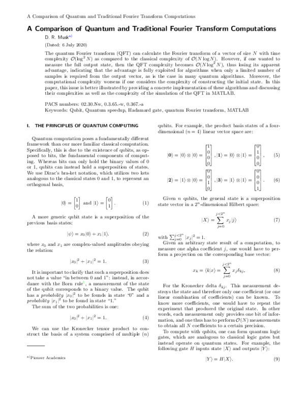 (PDF) A Comparison of Quantum and Traditional Fourier Transform Computations