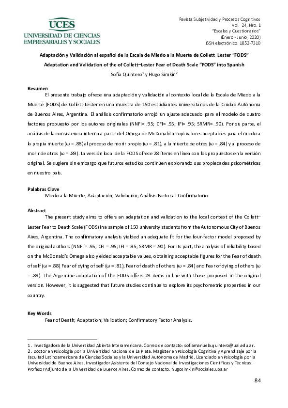 (PDF) Adaptación y Validación al español de la Escala de Miedo a la Muerte de Collett–Lester “FODS”