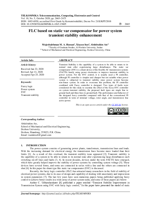 (PDF) FLC based on static var compensator for power system transient stability enhancement