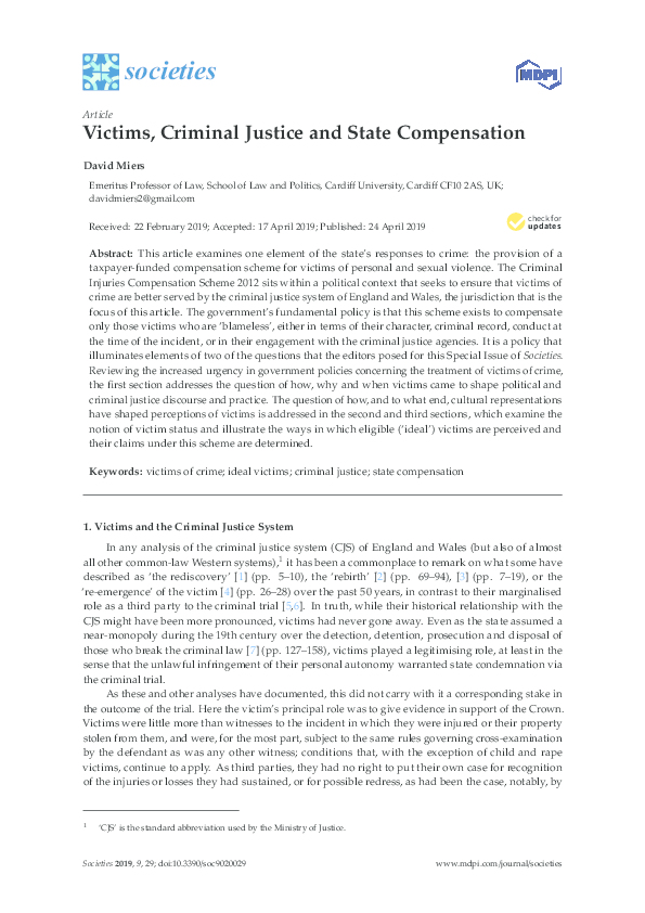 (PDF) Victims, Criminal Justice and State Compensation