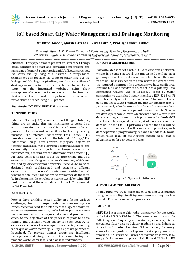 (PDF) IRJET- IoT based Smart City Water Management and Drainage Monitoring