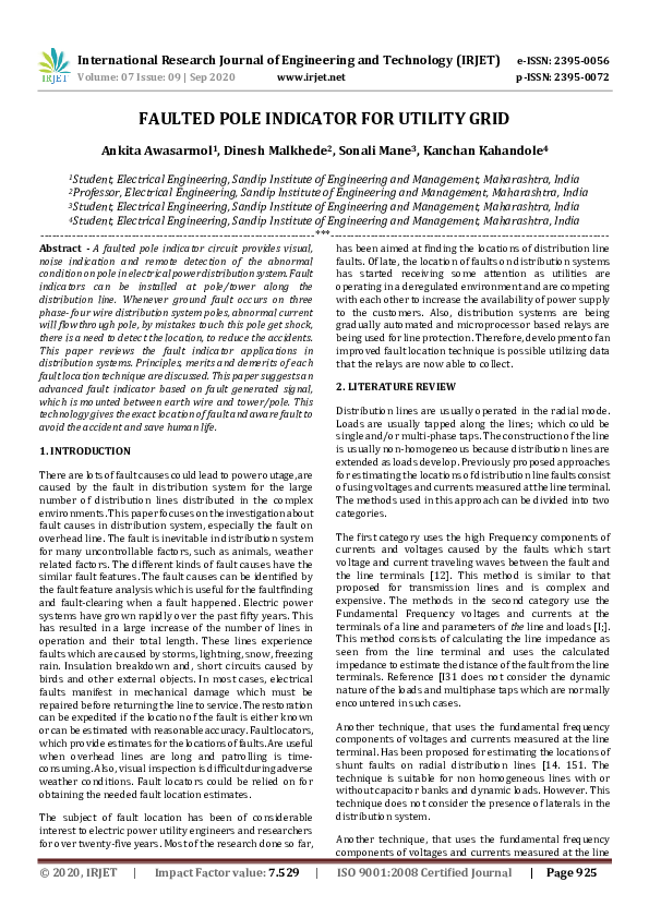 (PDF) IRJET- FAULTED POLE INDICATOR FOR UTILITY GRID