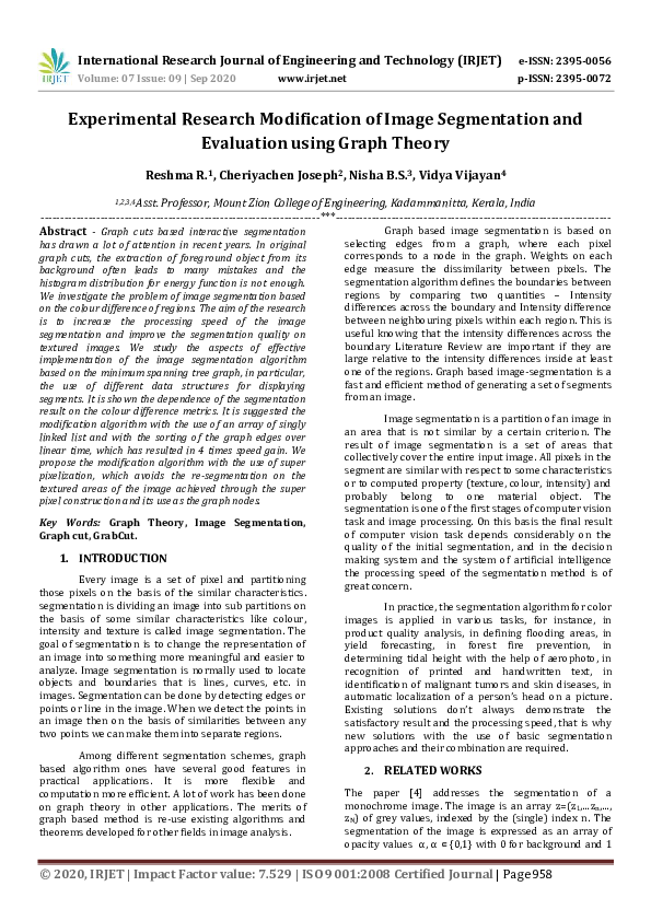 Pdf Irjet Experimental Research Modification Of Image Segmentation And Evaluation Using Graph