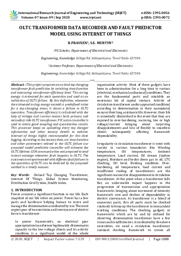 (PDF) IRJET- OLTC TRANSFORMER DATA RECORDER AND FAULT PREDICTOR MODEL ...