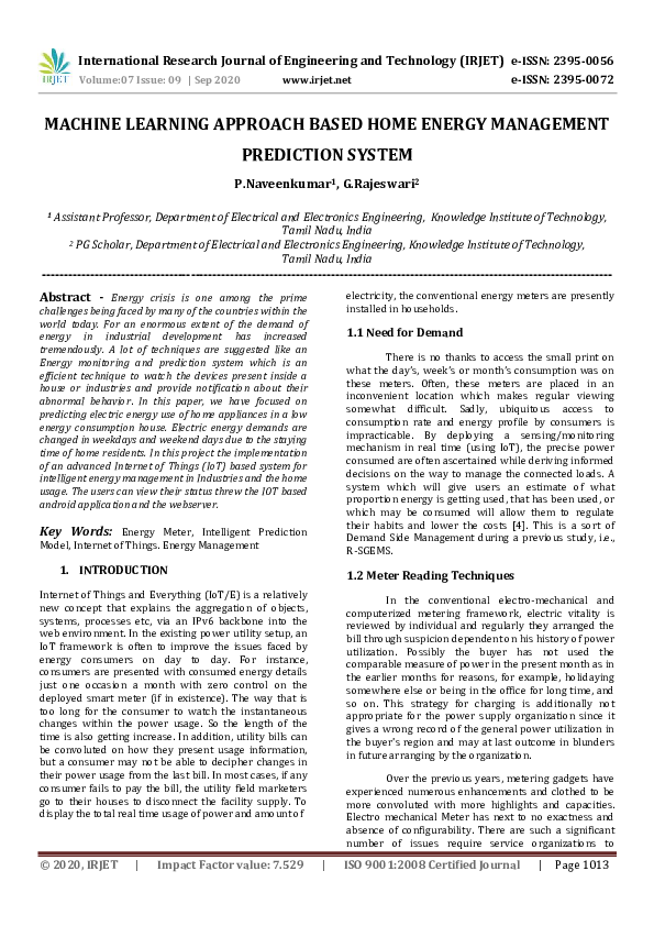 (PDF) IRJET- MACHINE LEARNING APPROACH BASED HOME ENERGY MANAGEMENT ...