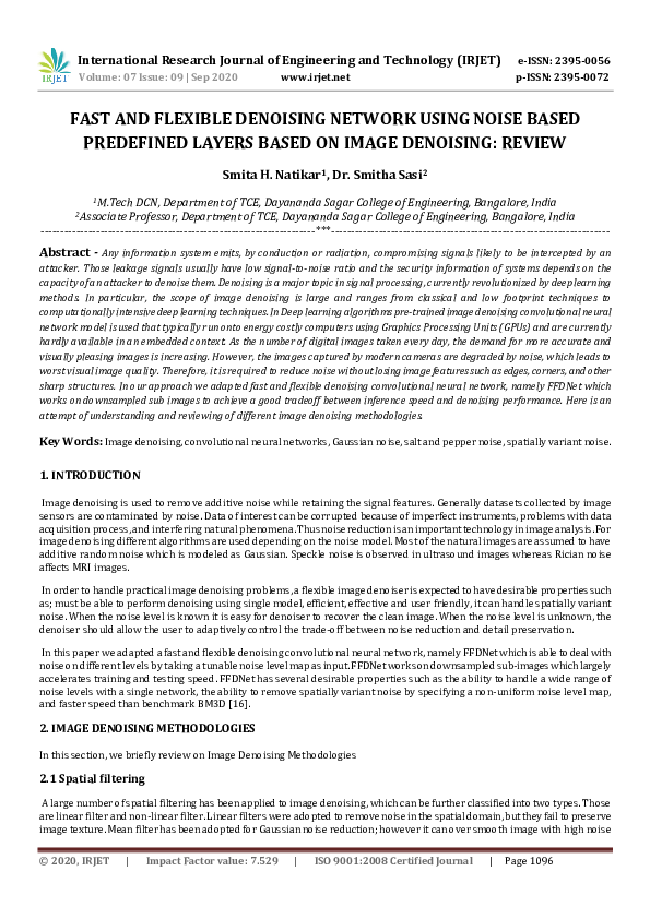 (PDF) IRJET- FAST AND FLEXIBLE DENOISING NETWORK USING NOISE BASED PREDEFINED LAYERS BASED ON ...