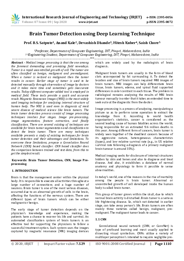 (PDF) IRJET- Brain Tumor Detection using Deep Learning Technique