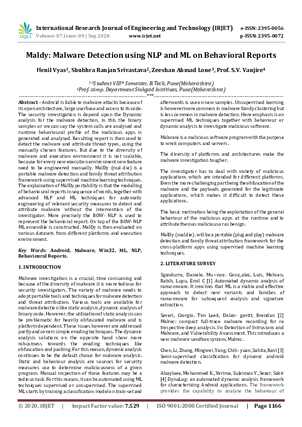 (PDF) IRJET- Maldy: Malware Detection using NLP and ML on Behavioral ...