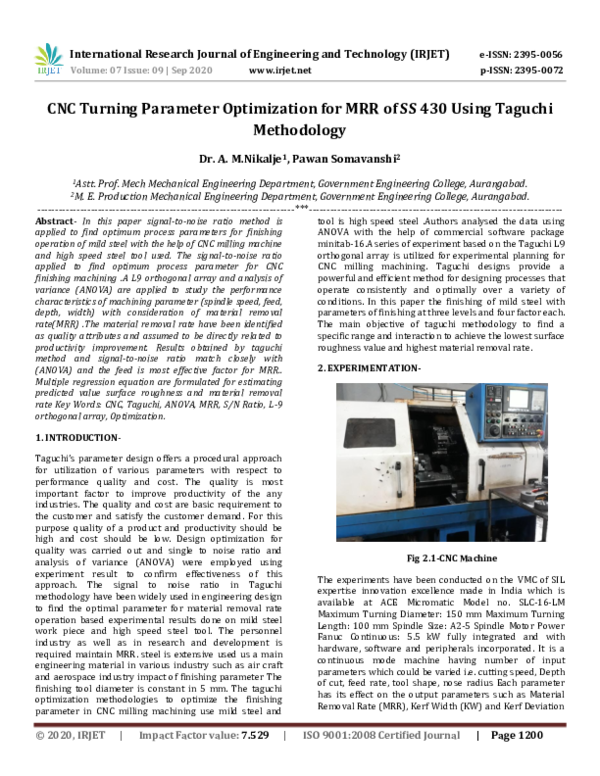 (PDF) IRJET- CNC Turning Parameter Optimization for MRR of SS 430 Using Taguchi Methodology