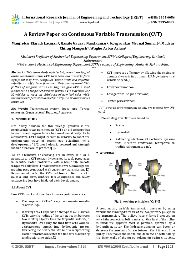 (PDF) IRJET- A Review Paper on Continuous Variable Transmission (CVT