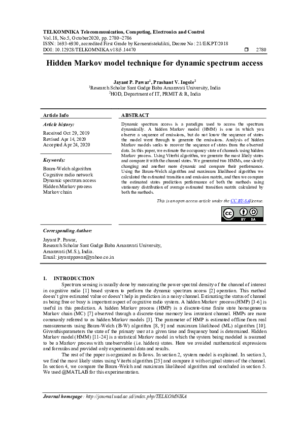 Pdf Hidden Markov Model Technique For Dynamic Spectrum Access