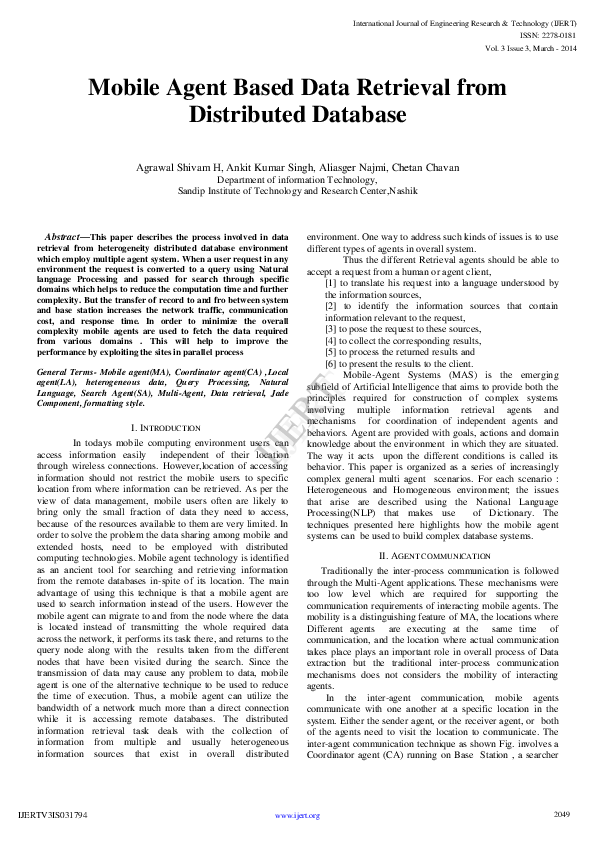 Pdf Ijert Mobile Agent Based Data Retrieval From Distributed Database