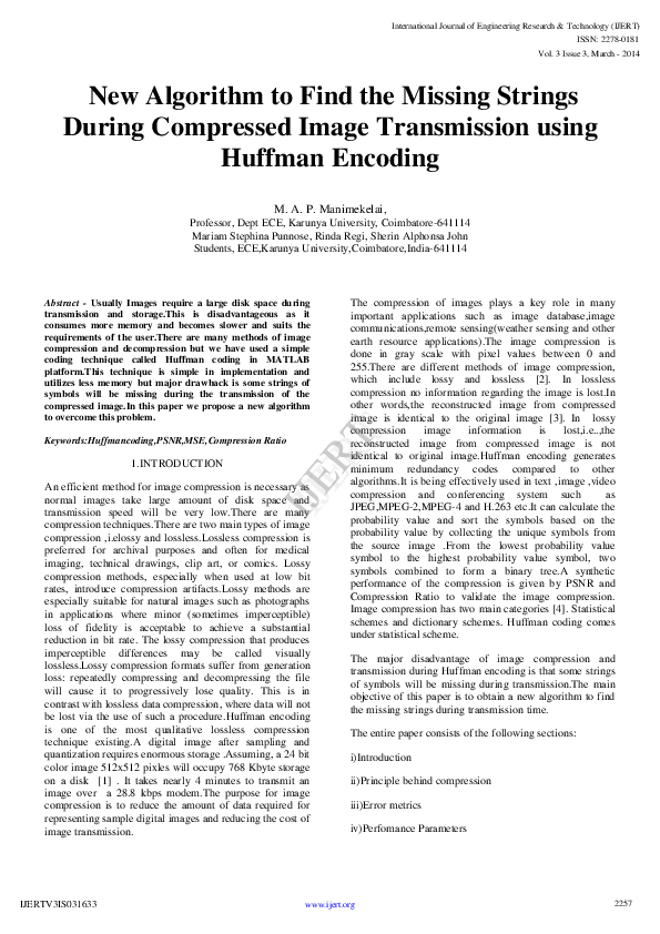 Pdf Ijert New Algorithm To Find The Missing Strings During Compressed Image Transmission Using