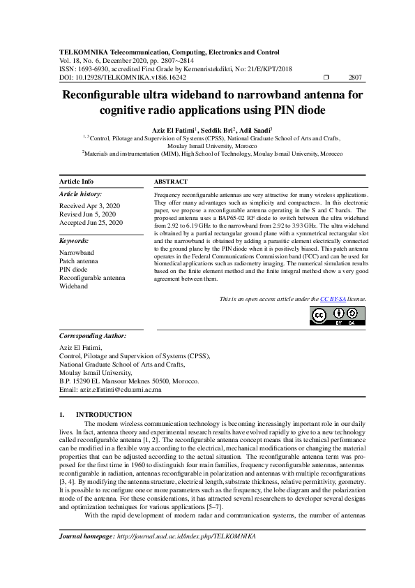 Pdf Reconfigurable Ultra Wideband To Narrowband Antenna For Cognitive