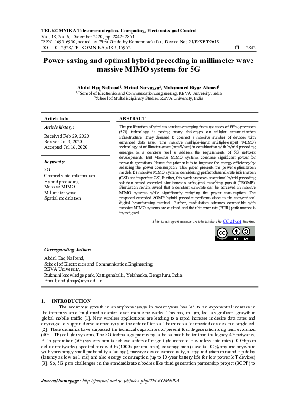 Pdf Power Saving And Optimal Hybrid Precoding In Millimeter Wave Massive Mimo Systems For 5g