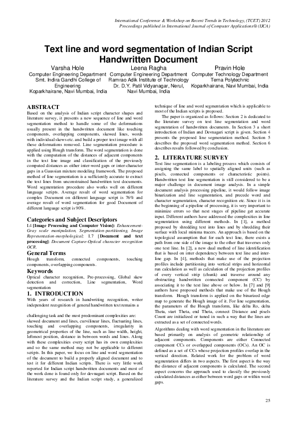 Pdf Text Line And Word Segmentation Of Indian Script Handwritten Document