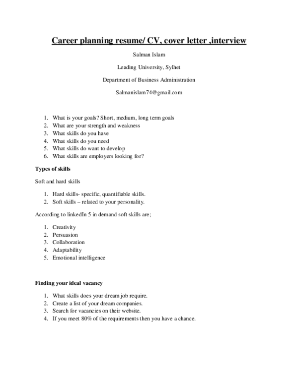 (PDF) Career planning resume/ CV, cover letter ,interview | Salman ...