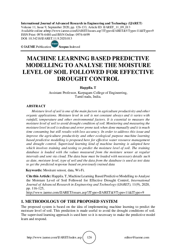 (PDF) MACHINE LEARNING BASED PREDICTIVE MODELLING TO ANALYSE THE MOISTURE LEVEL OF SOIL FOLLOWED ...